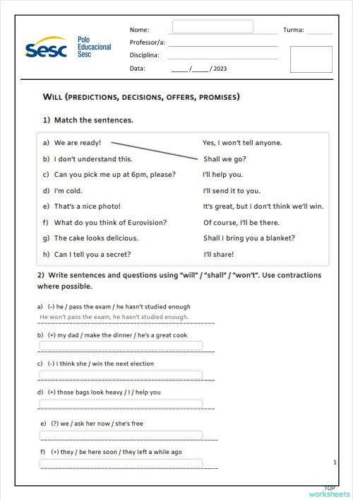 will - predictions, decisions, offers, promises. Interactive worksheet ...