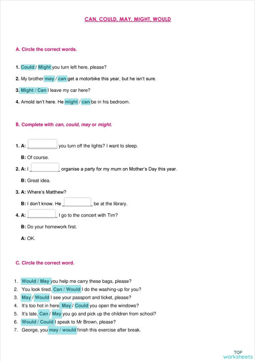 Can, Could, May, Might, Would. Interactive worksheet | TopWorksheets