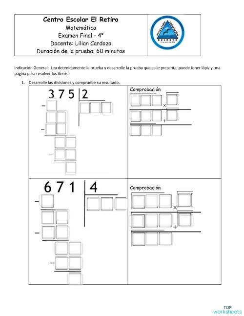 Hoja De Trabajo Para El Examen De Matemáticas De Cuarto Grado Cuarto