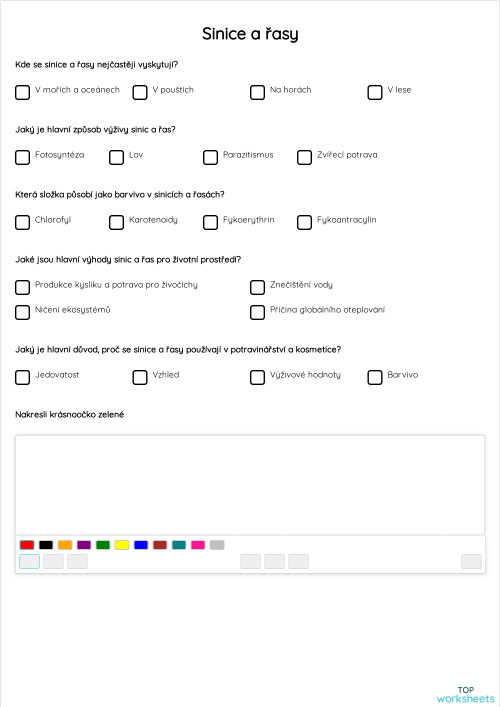 Sinice a řasy. Interaktivní pracovní list | TopWorksheets
