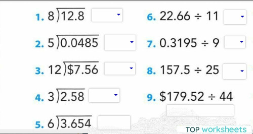 Divide Whole Numbers by Decimals. Interactive worksheet | TopWorksheets