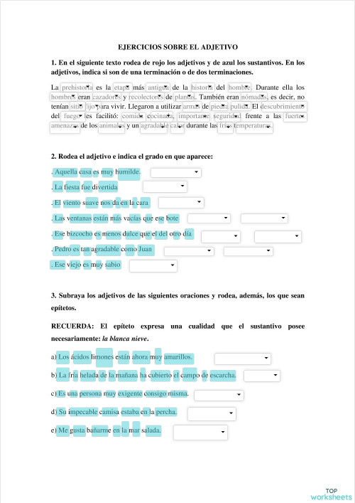 Adjetivos: fichas interactivas y ejercicios online | TopWorksheets