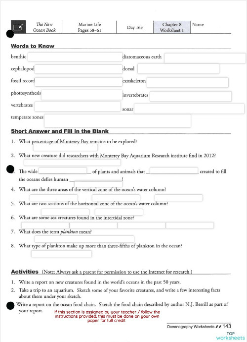 Chapter 8: Pg 143 Wk 1 Marine Life. Interactive worksheet | TopWorksheets