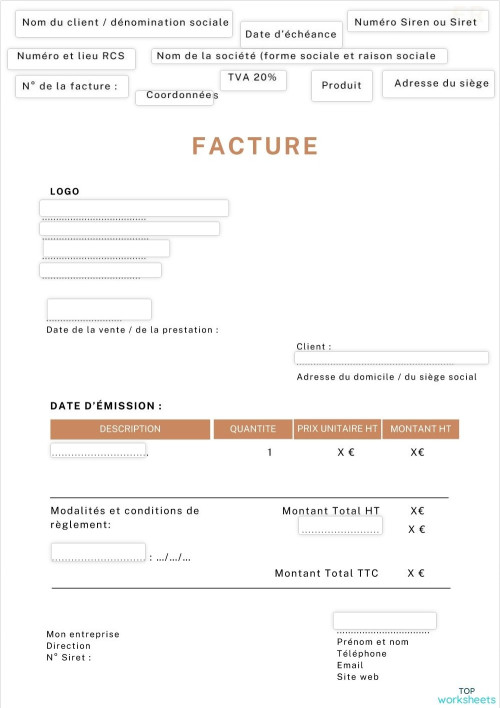 Facture révision. Fiche interactive | TopWorksheets