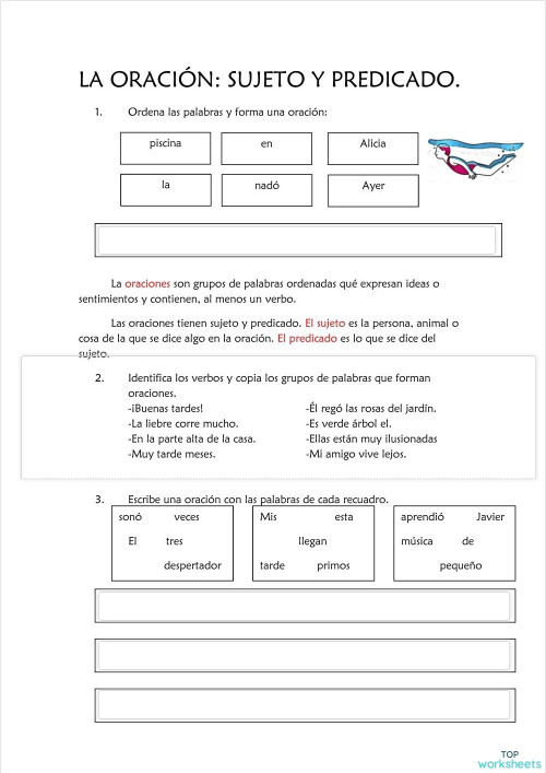 Sujeto y Predicado: fichas interactivas y ejercicios online | TopWorksheets
