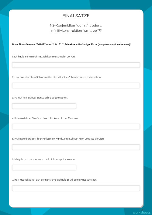 FINALSÄTZE. Interaktives Arbeitsblatt | TopWorksheets