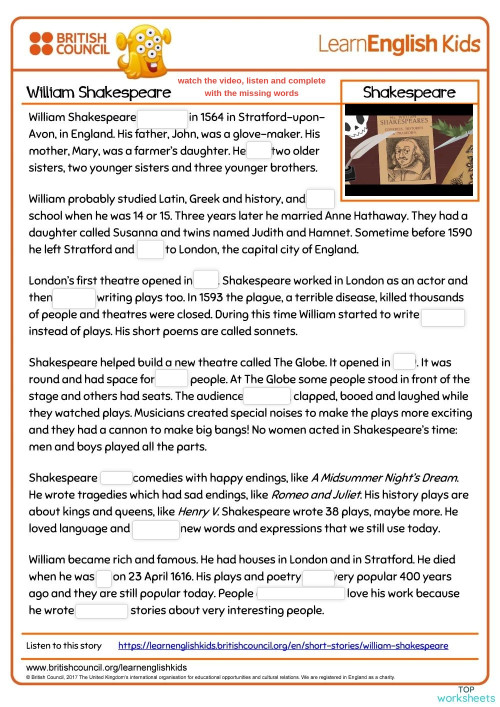 Shakespeare. Interactive worksheet | TopWorksheets