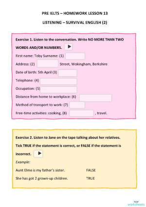 Pre IELTS - Lesson 13. Bài tập tương tác | TopWorksheets