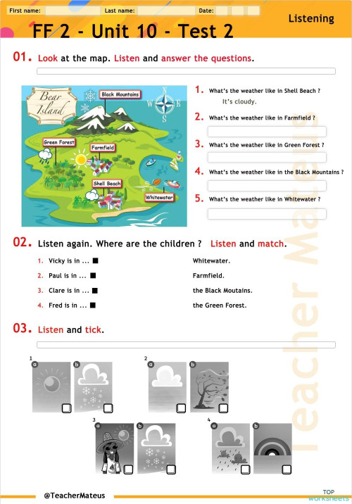 FF 2 - Unit 10 - Test 2 - Listening. Interactive worksheet | TopWorksheets
