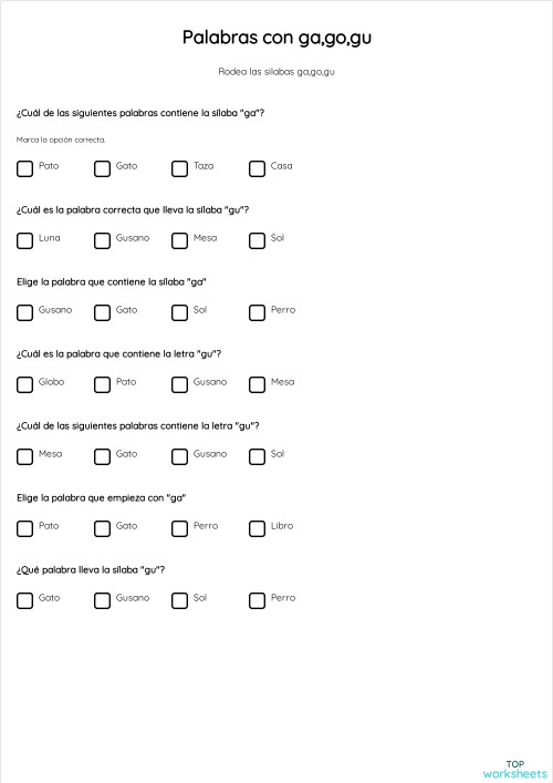 Palabras con ga,go,gu. Ficha interactiva | TopWorksheets