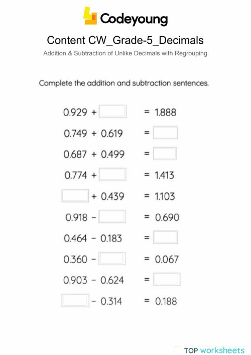 Content-CW-Addition & Subtraction of Unlike Decimals with Regrouping ...