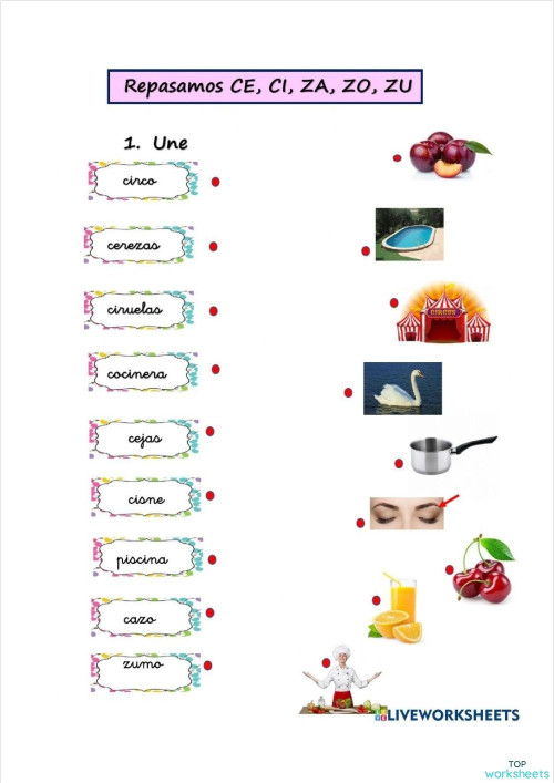 Za, zo, zu, ce, ci. Ficha interactiva | TopWorksheets