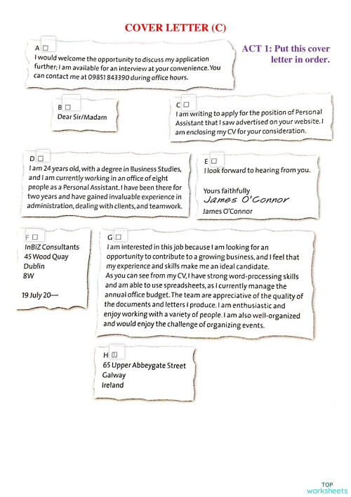 JOB HUNTING- COVER LETTER (C). Interactive worksheet | TopWorksheets