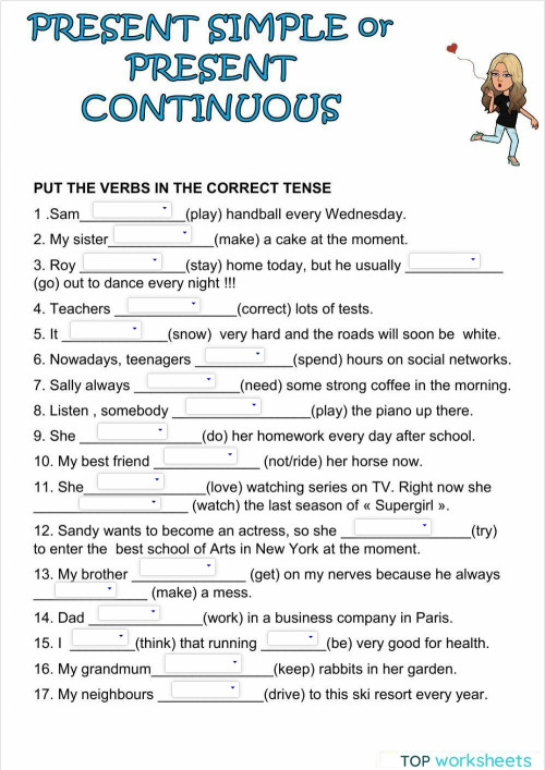Present simple and continuous 6. Interactive worksheet | TopWorksheets