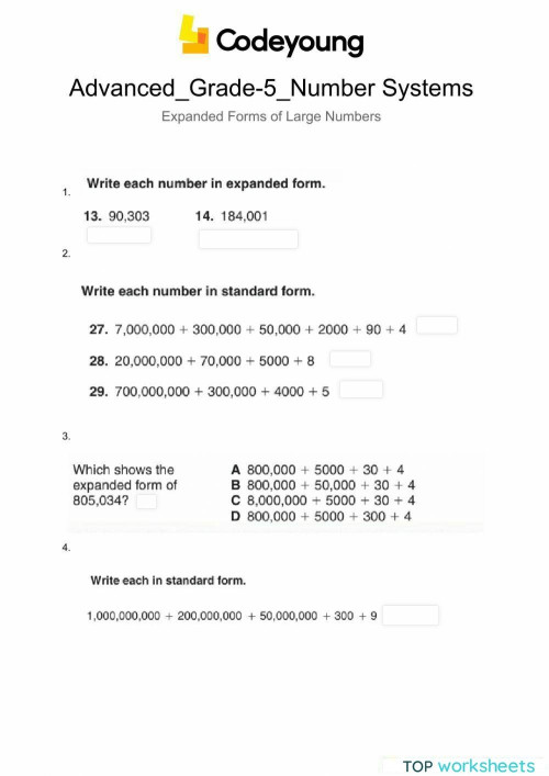 Advanced-Expanded Forms of Large Numbers. Interactive worksheet | TopWorksheets