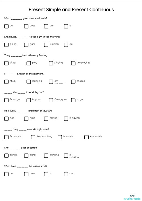 Present Simple and Present Continuous. Interactive worksheet ...