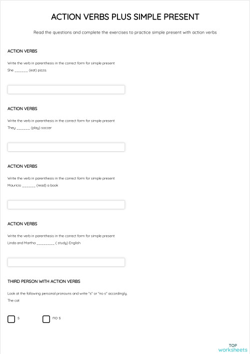 ACTION VERBS PLUS SIMPLE PRESENT. Interactive worksheet | TopWorksheets