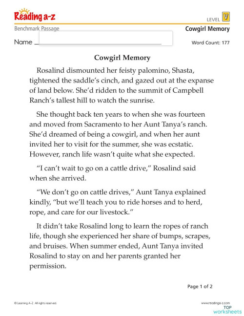 LEVEL V READING ASSESSMENT COWGIRL MEMORY. Interactive worksheet ...