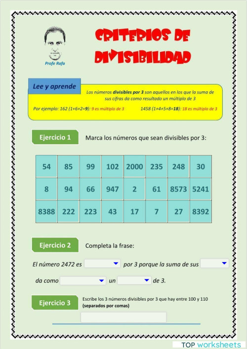 Números divisibles por 3. Ficha interactiva | TopWorksheets