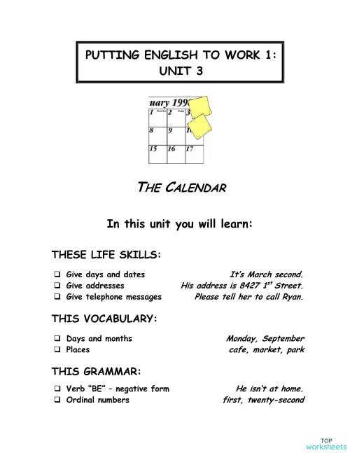 Putting English to Work - Unit 3 Dates/Days/Community. Interactive ...