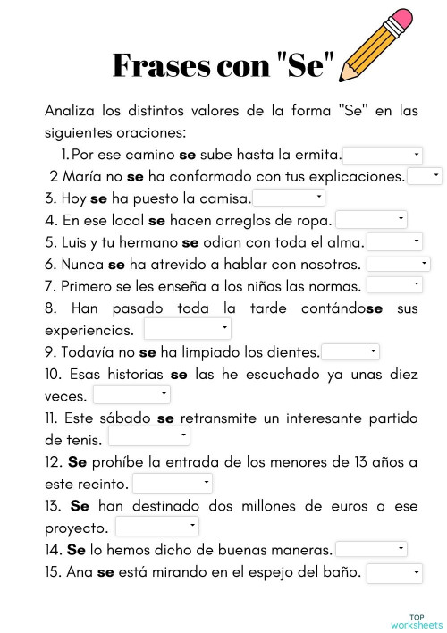 Frases con "SE". Ficha interactiva | TopWorksheets