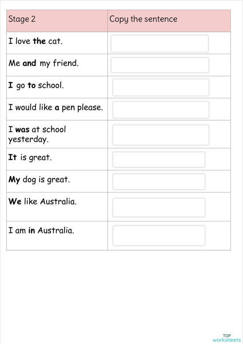 Oxford words 1-10 Copy the sentence. Interactive worksheet | TopWorksheets