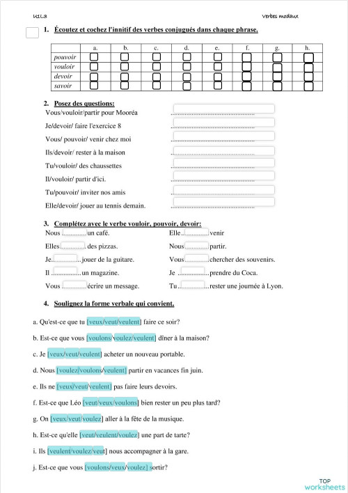 A1 L3 - verbes modaux. Fiche interactive | TopWorksheets