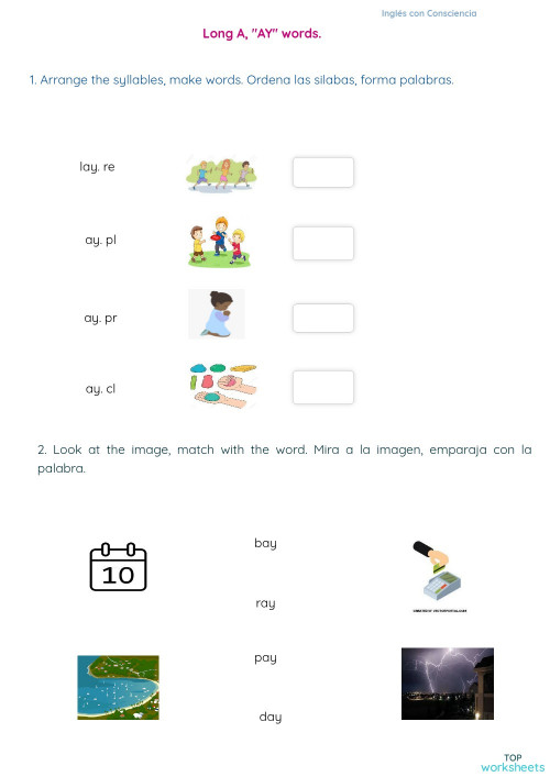 Long A, "AY" words. Interactive worksheet | TopWorksheets