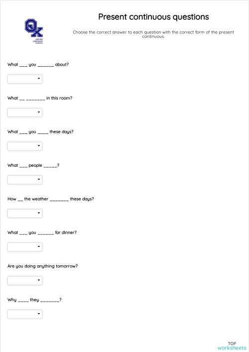 Present continuous questions. Interactive worksheet | TopWorksheets