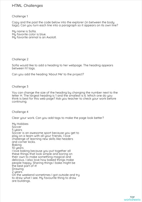 HTML Challenges. Interactive worksheet | TopWorksheets