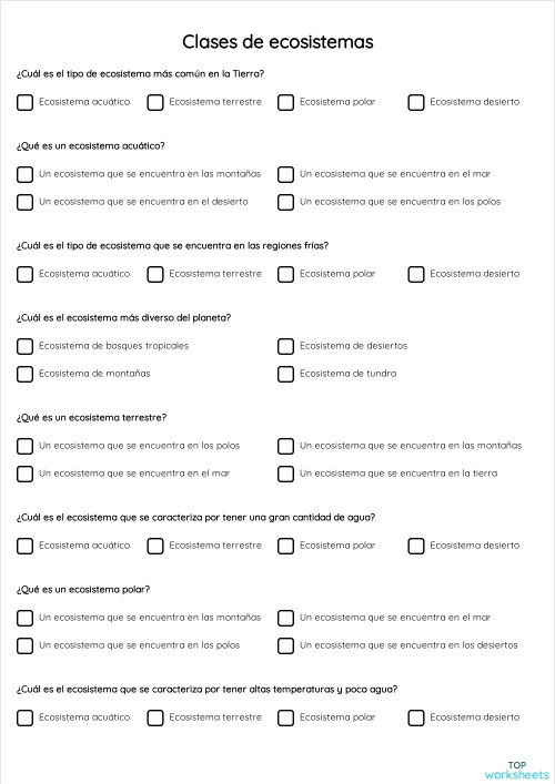 Clases de ecosistemas. Ficha interactiva | TopWorksheets