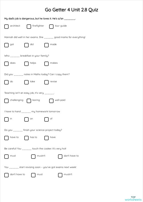 Go Getter 4 Unit 2.8 Quiz. Interactive worksheet | TopWorksheets