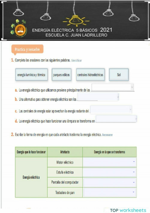 Transformaciones energía eléctrica. Ficha interactiva | TopWorksheets