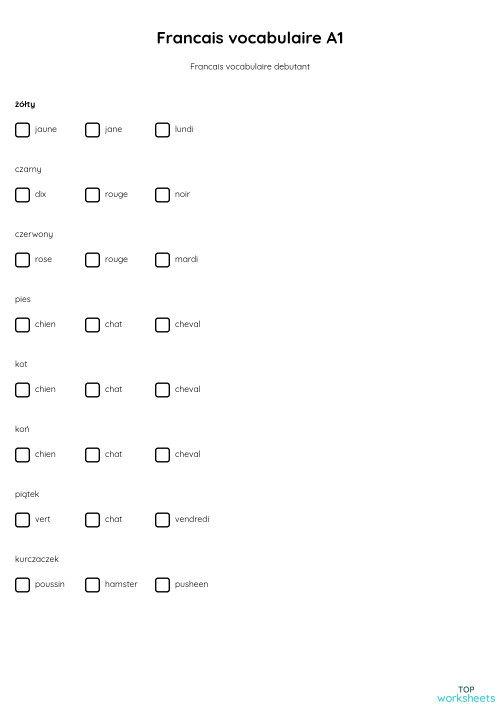 Francais vocabulaire A1. Interactive worksheet | TopWorksheets