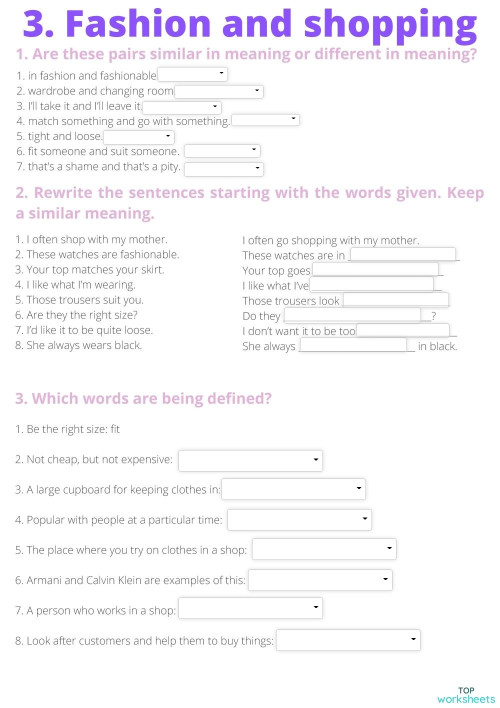 fashion and shopping. Interactive worksheet | TopWorksheets