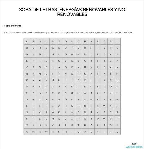 SOPA DE LETRAS: ENERGÍAS RENOVABLES Y NO RENOVABLES. Ficha interactiva ...
