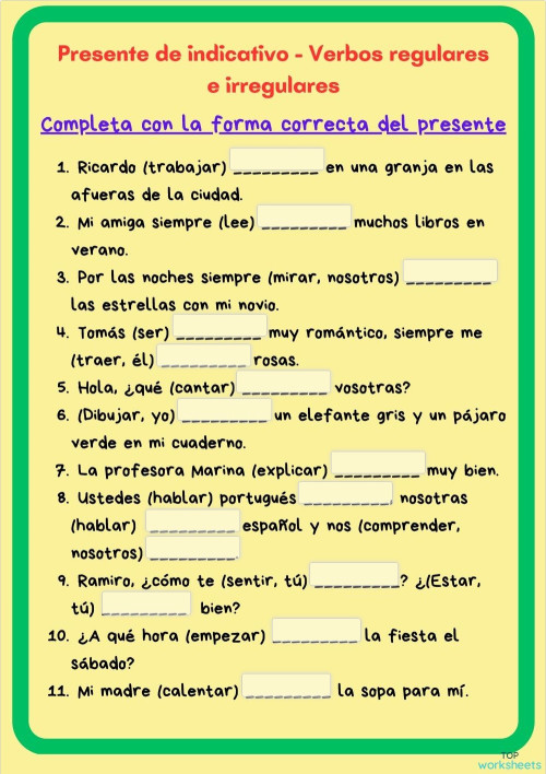 Verbos Regulares Espaol Presente De Indicativo Eleconole El Presente
