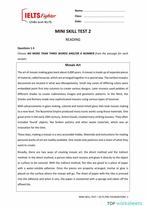 Pre f mini test 2 - reading. Interactive worksheet | TopWorksheets