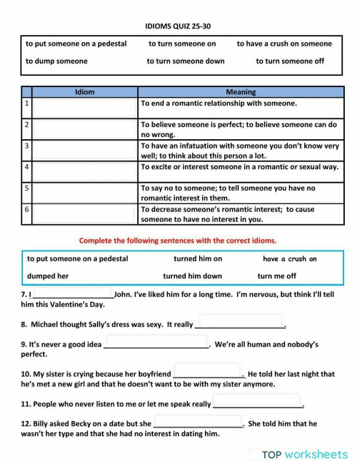Idioms Quiz 25-30. Interactive worksheet | TopWorksheets