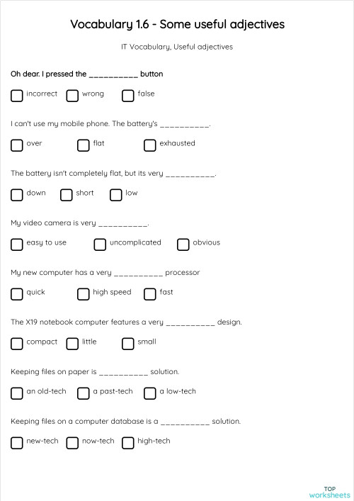 Vocabulary 1.6 - Some useful adjectives. Interactive worksheet | TopWorksheets