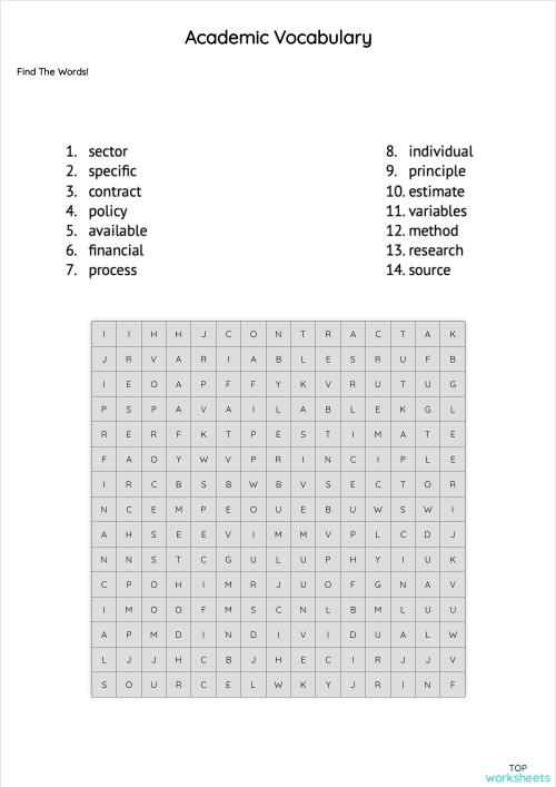 Academic Vocabulary. Interactive worksheet | TopWorksheets