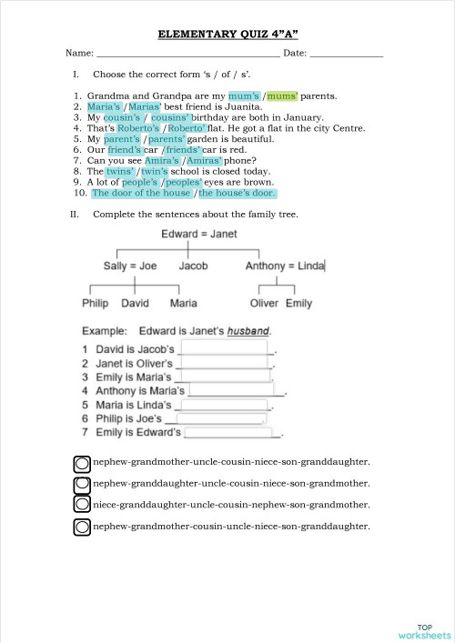 IV ELEMENTARY QUIZ 4A. Interactive worksheet | TopWorksheets