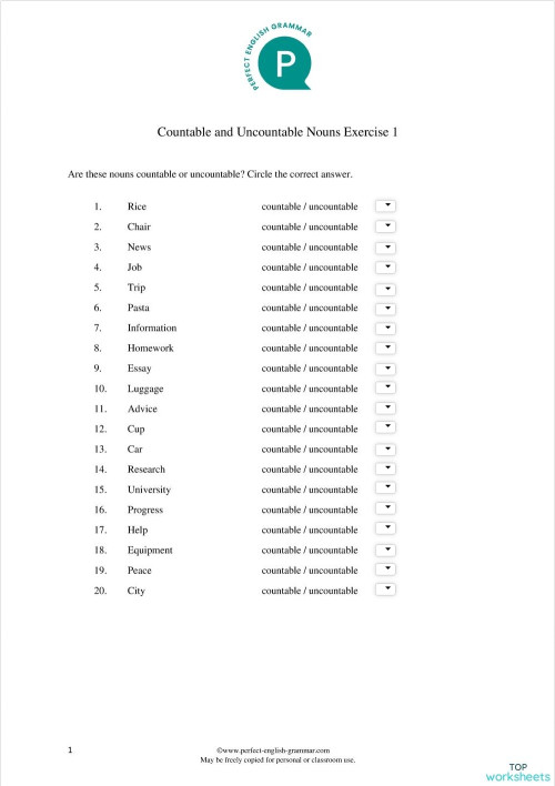 Countable and Uncountable nouns. Interactive worksheet | TopWorksheets