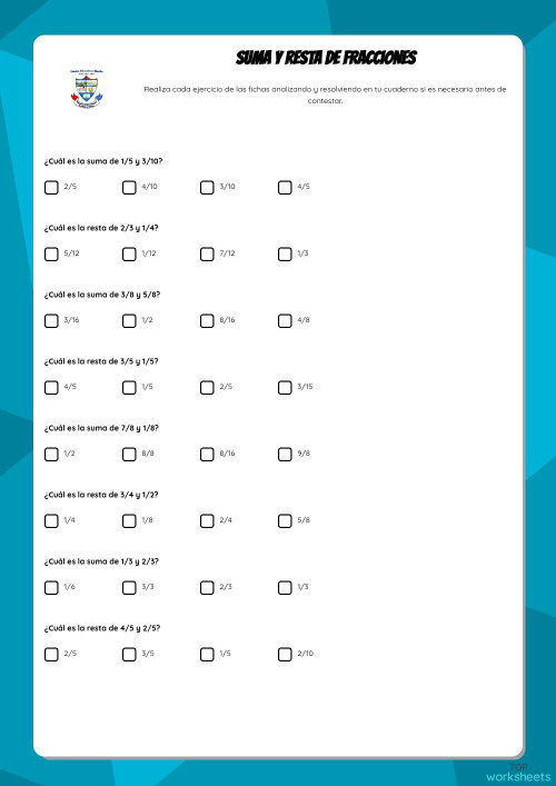 SUMA Y RESTA DE FRACCIONES. Ficha interactiva | TopWorksheets