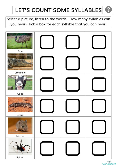 01 Counting Syllables - Australian Animal. Interactive worksheet ...