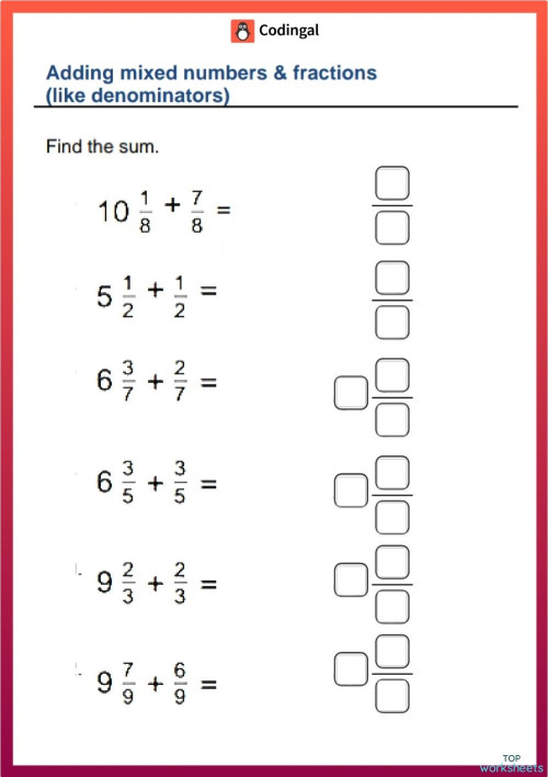 M_G04M08L26_WA02_Adding Mixed Fractions and Fractions_02. Interactive worksheet | TopWorksheets