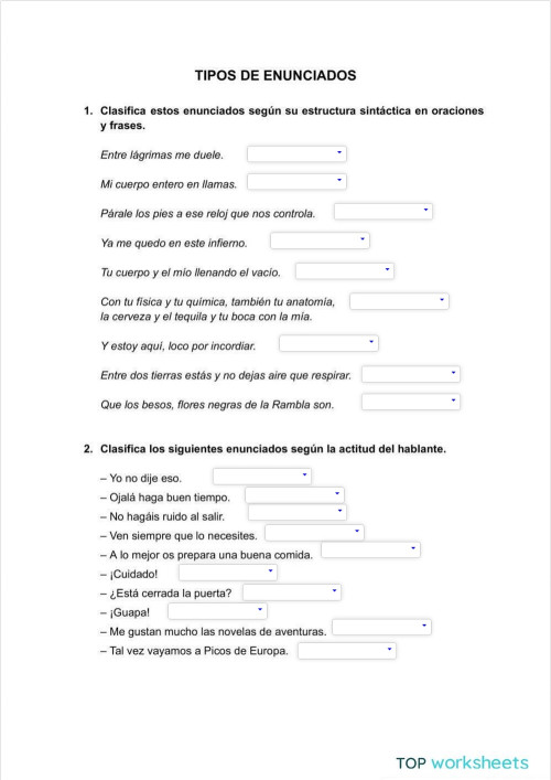 Tipos de enunciados. Ficha interactiva | TopWorksheets