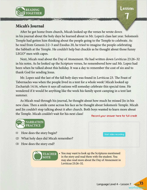 Lesson 7: Reading Together Pg 73. Interactive worksheet | TopWorksheets