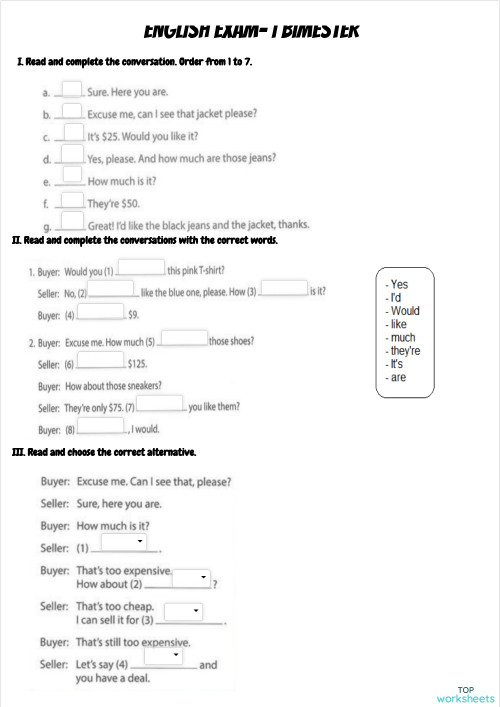 ENGLISH EXAM- I BIMESTER- READING TERCERO "A". Interactive worksheet | TopWorksheets