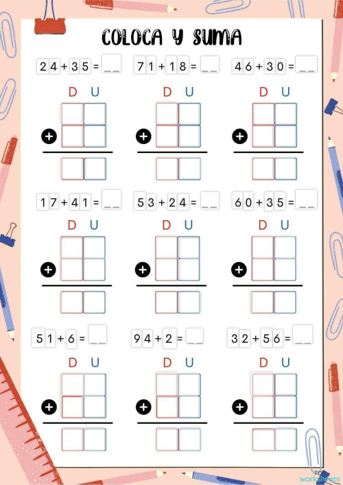 Coloca y sumas : sumas sin llevadas. Ficha interactiva | TopWorksheets